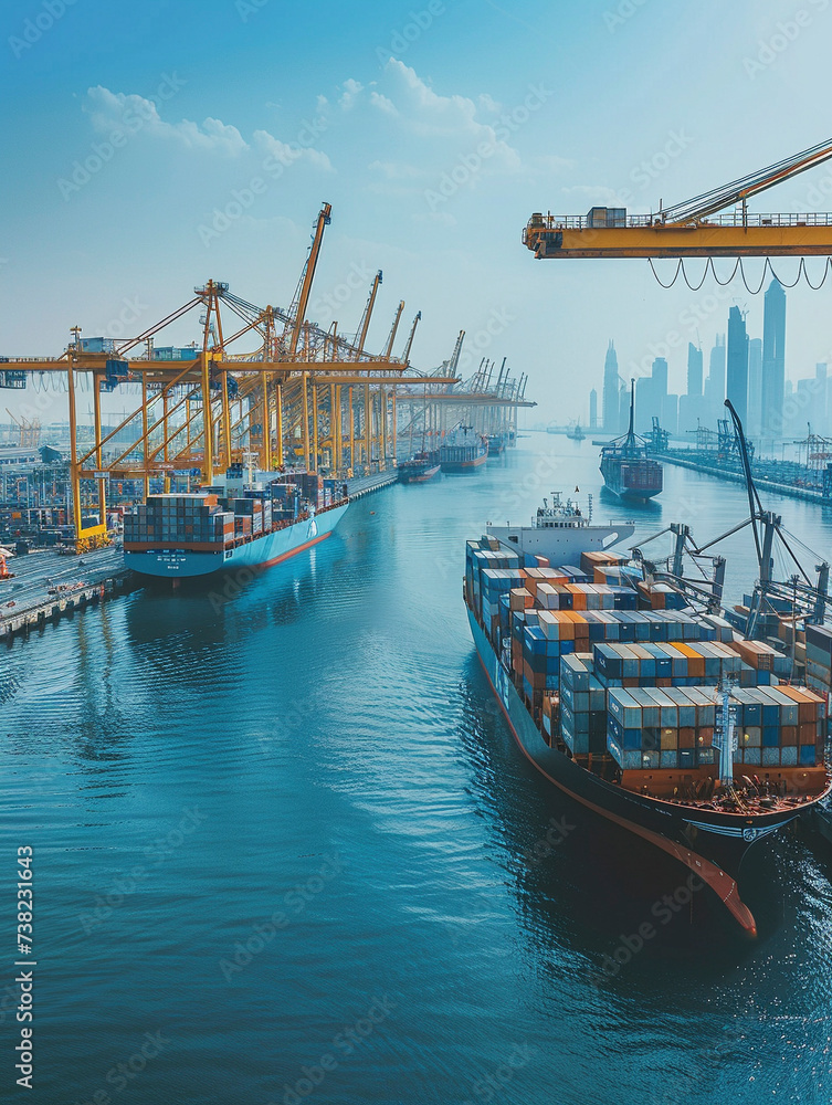 Picture a bustling port where a large cargo ship has just docked its ...