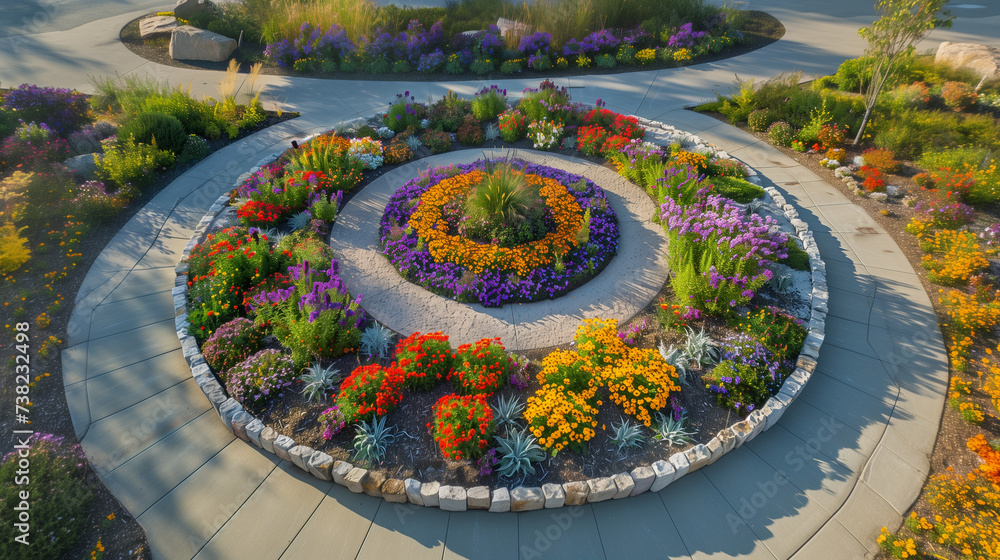 Garden Mandala: Aerial View of a Circular Flower Bed with Vibrant ...