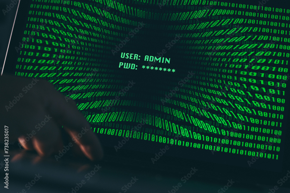 Hand typing on a laptop keyboard green numbers on display. Successful ...