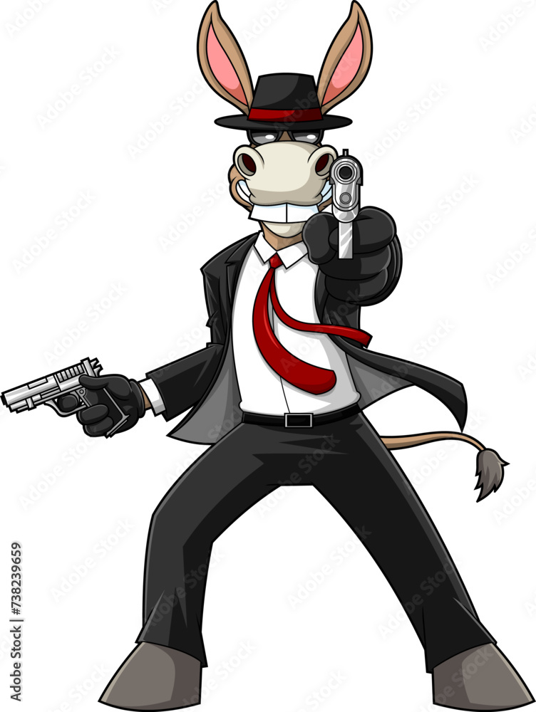 Donkey Spy Secret Agent Cartoon Character Holding Two Guns. Vector Hand ...