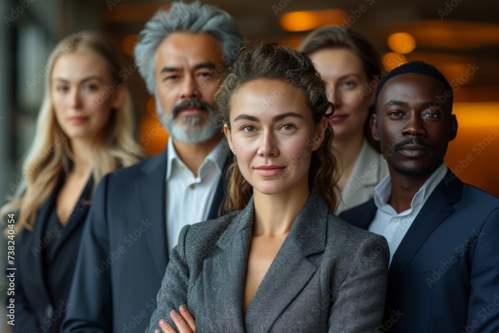 Happy diverse professional business team stand in office looking at ...