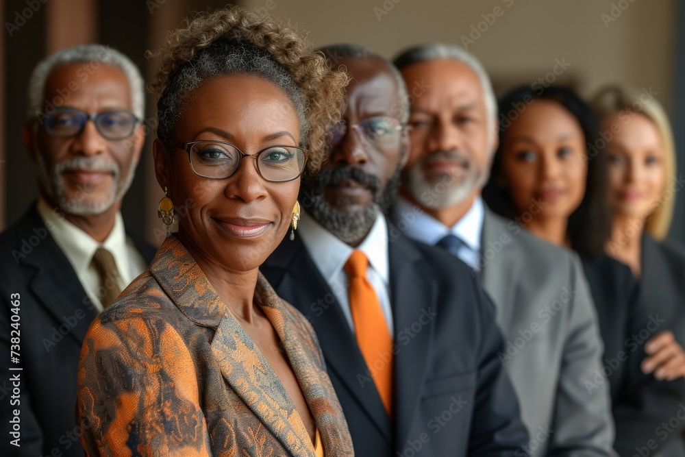 Happy diverse professional business team stand in office looking at ...