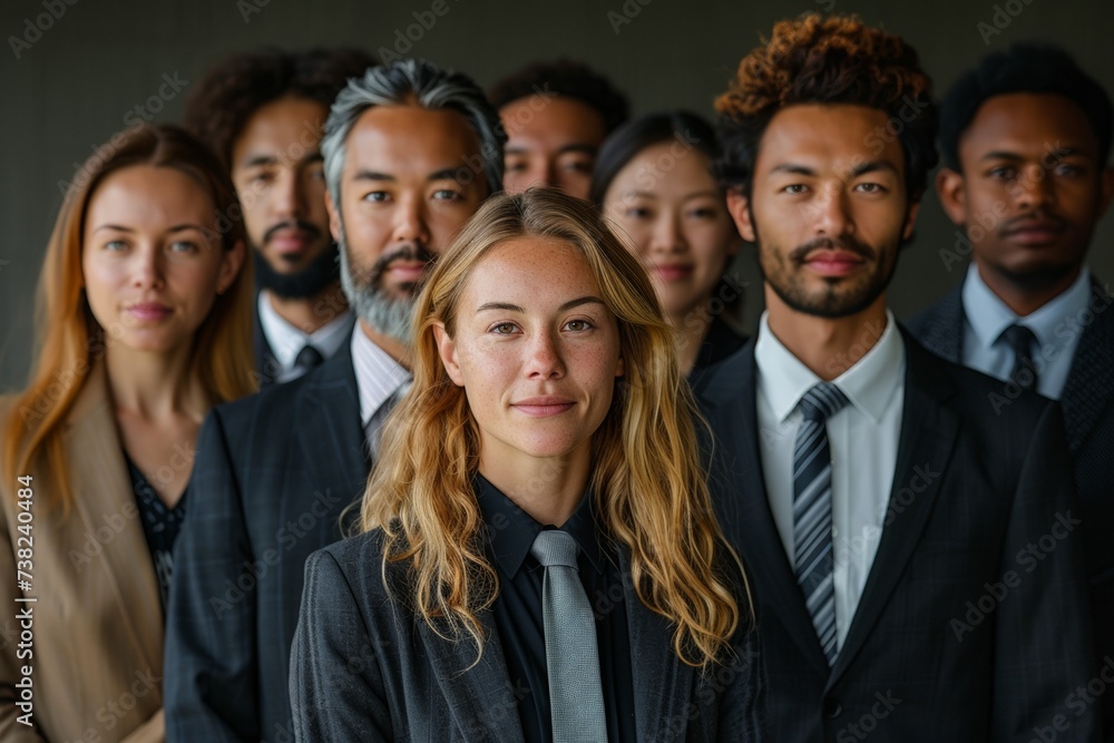 Happy diverse professional business team stand in office looking at ...