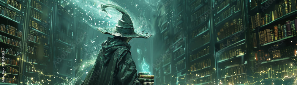 Robot wizard in a cloaked library ancient books floating spells and ...