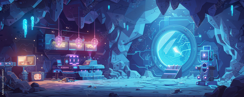 High tech laboratory hidden in an ancient cave robots crafting magical ...