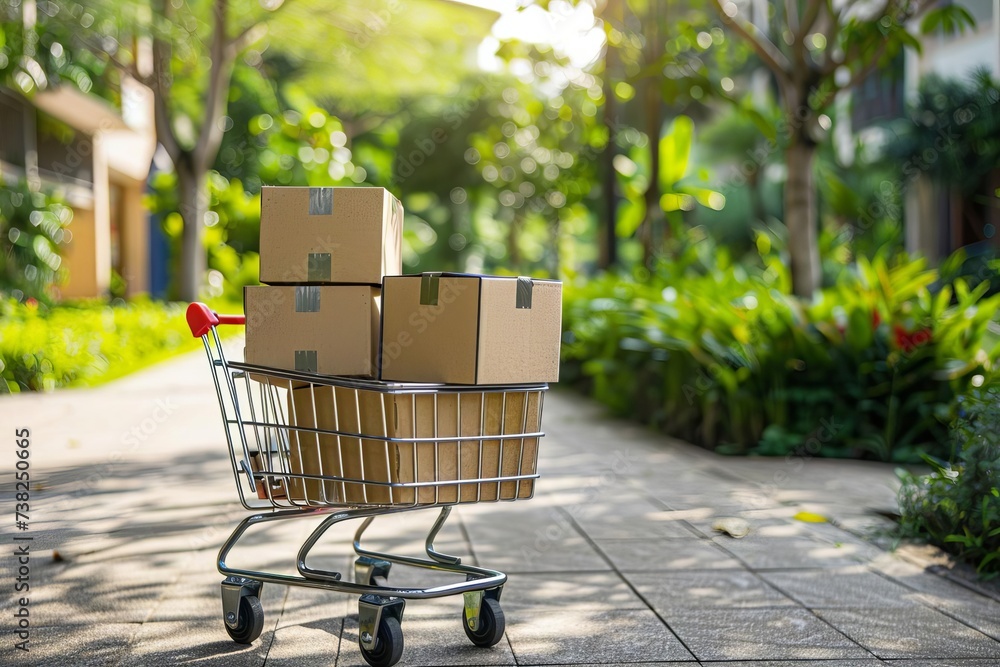 Logistics efficiency concept Cardboard boxes on a shopping cart Ready ...