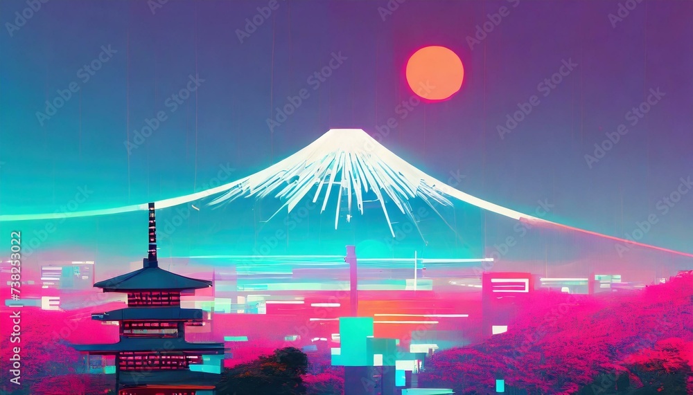 Synthwave 1980s travel blog illustration of japanese travel attractions ...