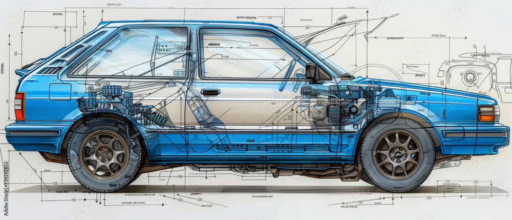 2D technical schematic of a car, blue and white,generative ai Stock ...