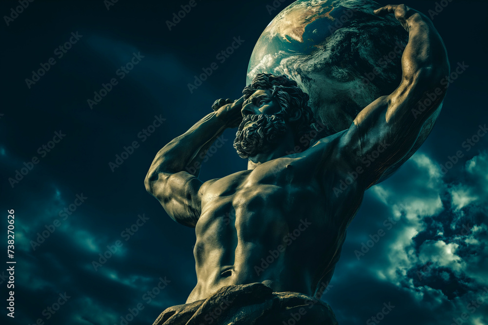 huge great statue of the greek god titan atlas holding planet earth in ...