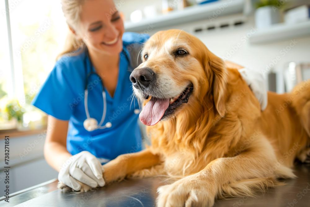 beautiful female vet nurse doctor examining a cute happy golden ...