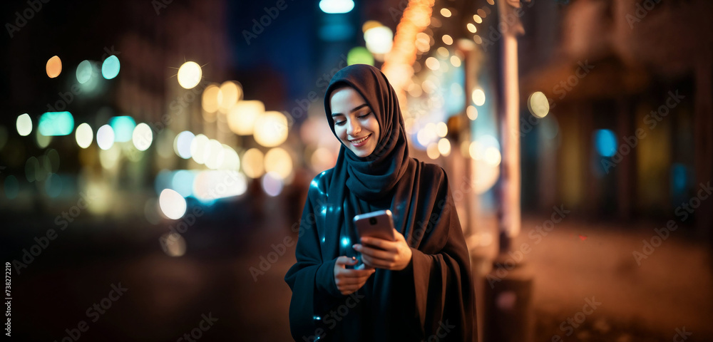 attractive beautiful young arab hijab woman using and texting on her ...