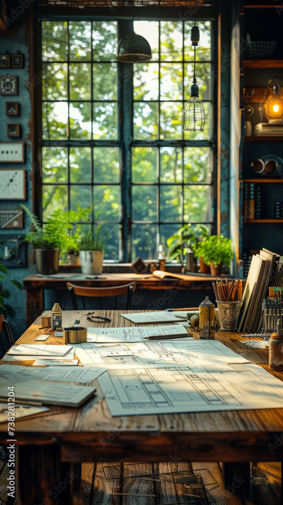 An architect's desk with sketches and drawings of a residential ...