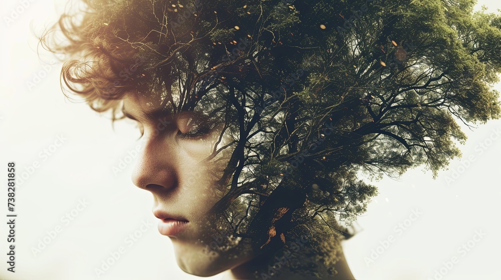 Double exposure combines a male face and a branching tree with green ...