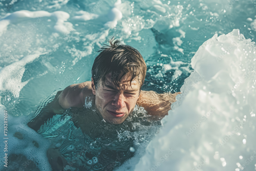 man trying to swim to the edge of the ice, with his arms growing tired ...