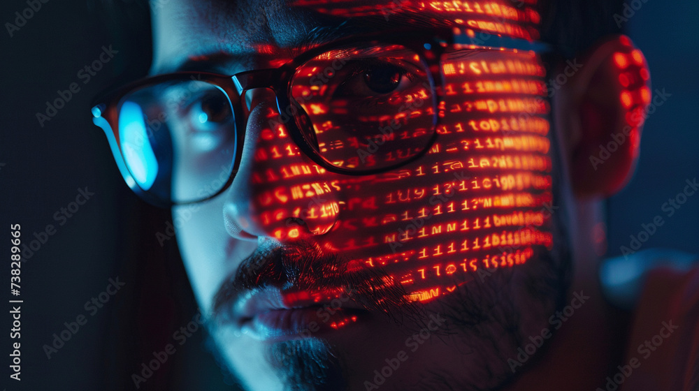 A Software Developer Debugging Code In A Dark Room With Lines Of Code Reflected On His Face