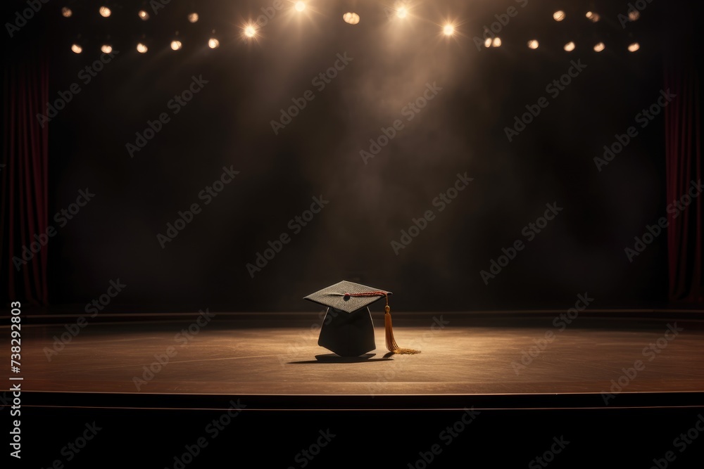 Single graduation cap sits under the bright stage lights, representing ...
