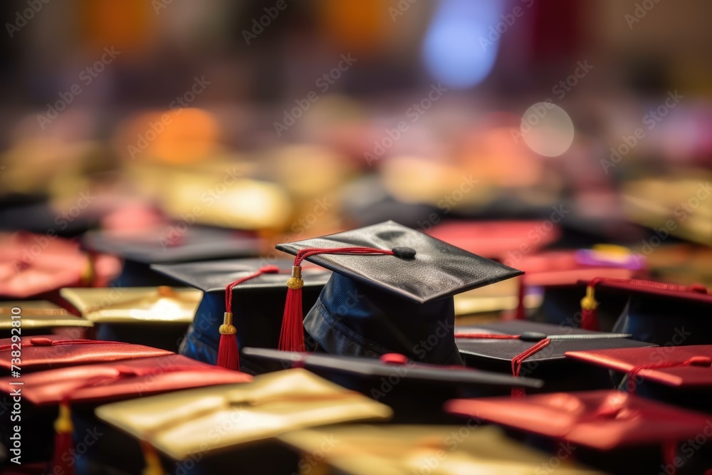An array of black and red graduation caps laid out, highlighting the ...