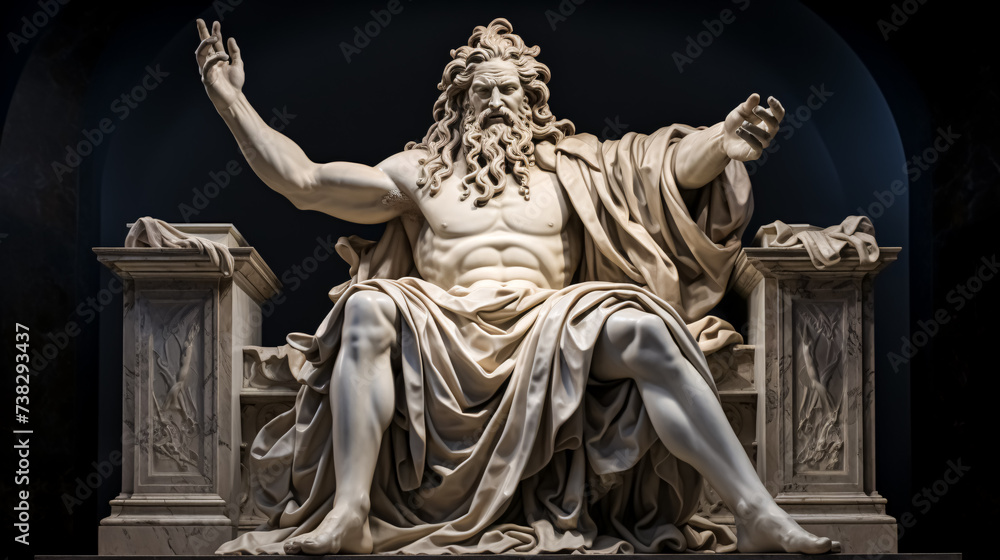 Antique marble statue of zeus sitting on a chair in a dark room. Stock ...