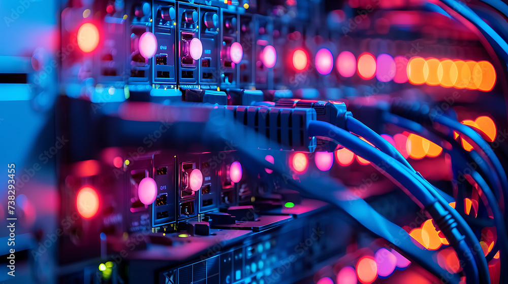 Server rack with fiber optic cables attached to panel switch ports ...