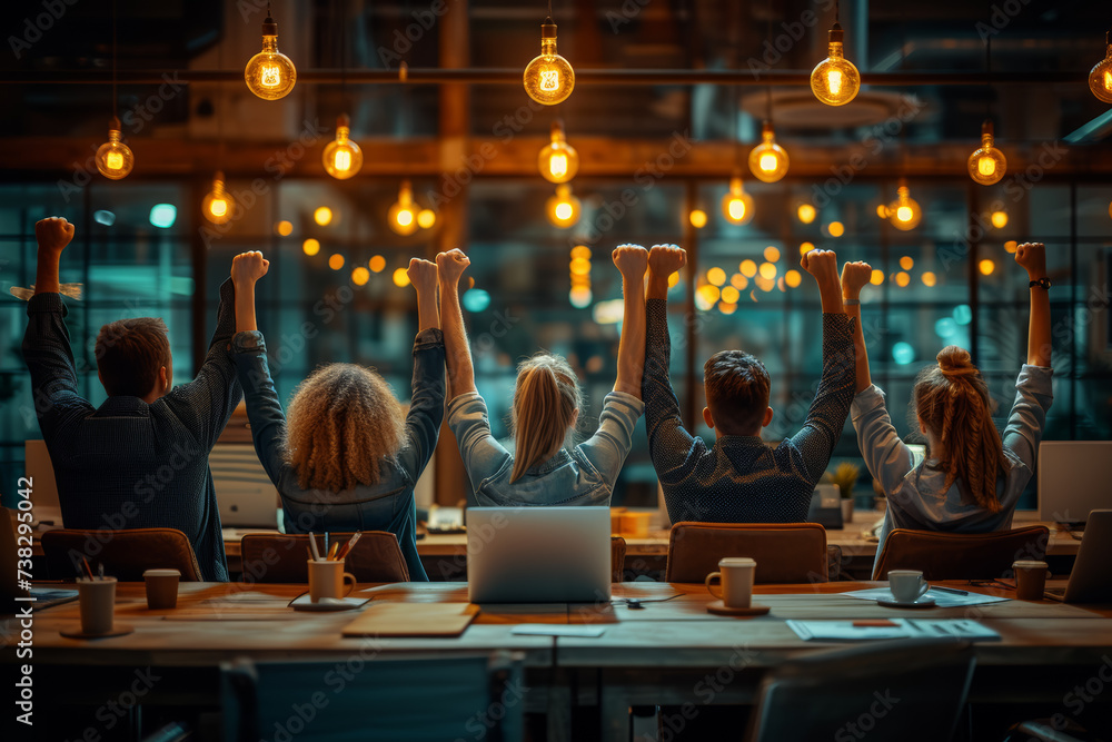 A team of professionals celebrating with raised hands in the office ...