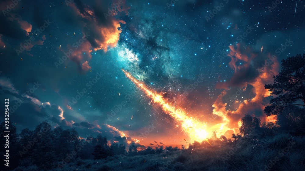 Beautiful background of a night starry dark blue sky with a meteorite ...