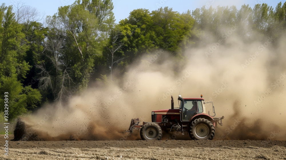 A cloud of dust rises behind a farmer as he drives his trusty tractor ...
