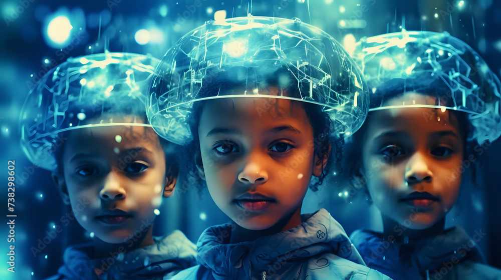 Futuristic Child with Holographic Brain Helmet A young child gazes ...