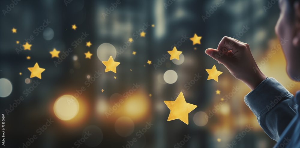 Businessman in a suit gives star rating, star hand touch, star rating ...