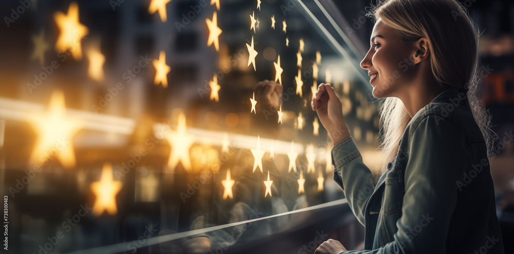 A beautiful girl pressing the glowing star rating on a visual screen ...