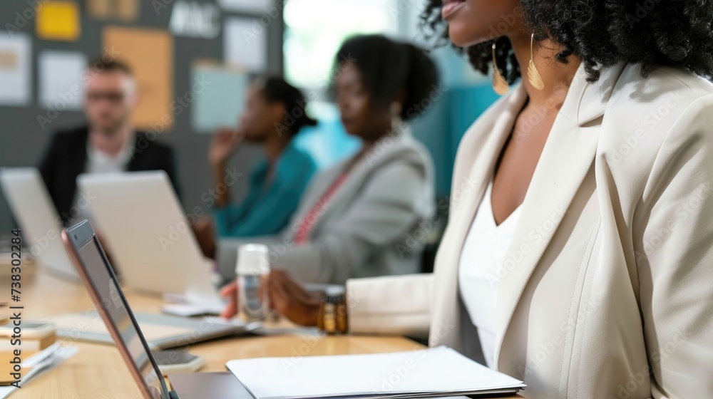 A focused woman sits at her desk, surrounded by the hustle and bustle ...