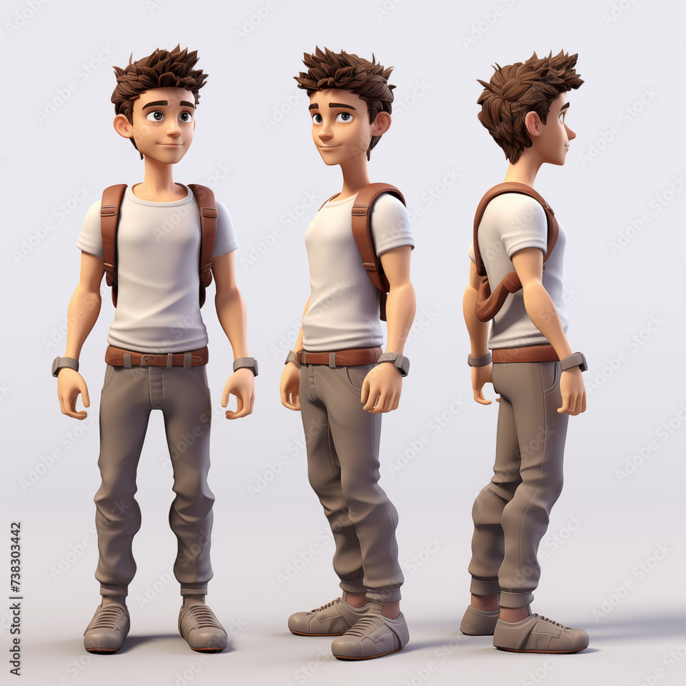 Three views of young men in casual clothes on white background. 3d ...