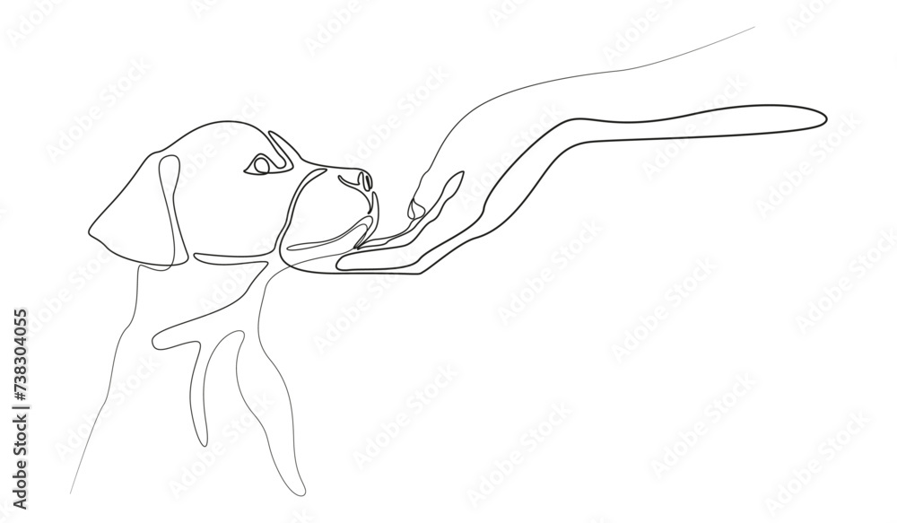 Drawing of a woman's hand and a small puppy. Linear drawing of a dog ...