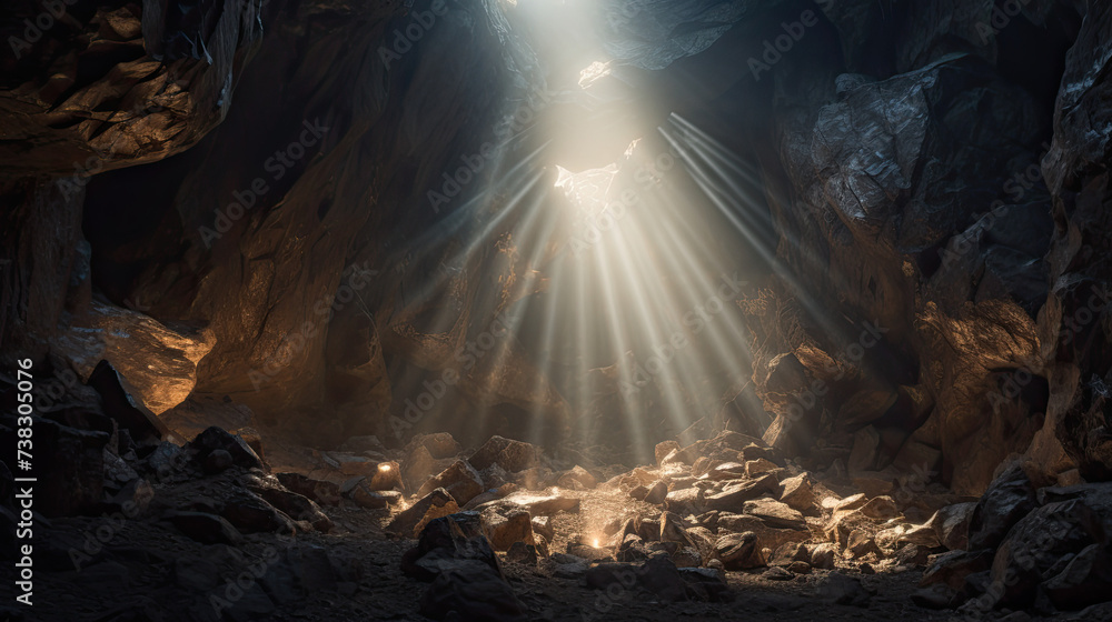 Rays of light at the end of a long dark cold cave tunnel. Concept of ...