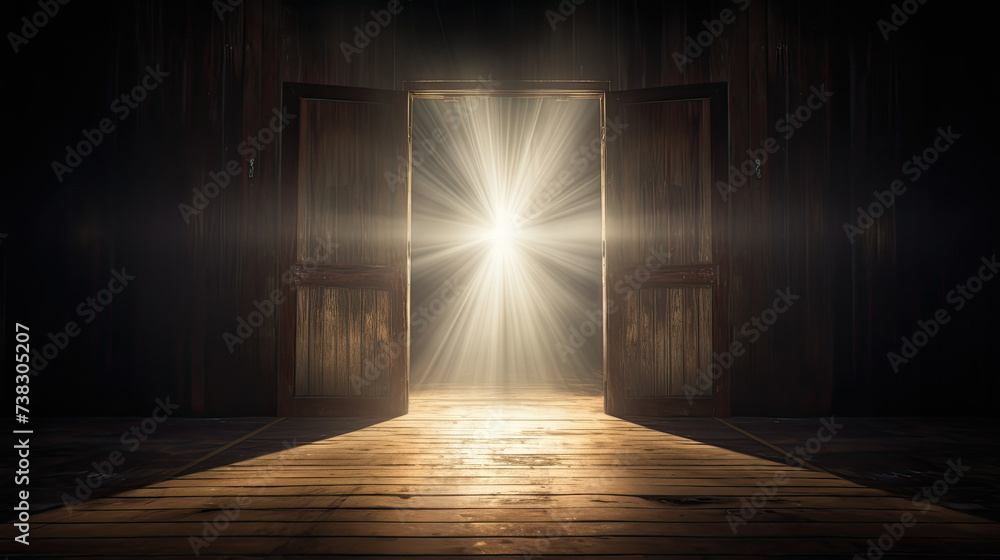Rays of light enter a dark room through a half-open door. Concept of ...