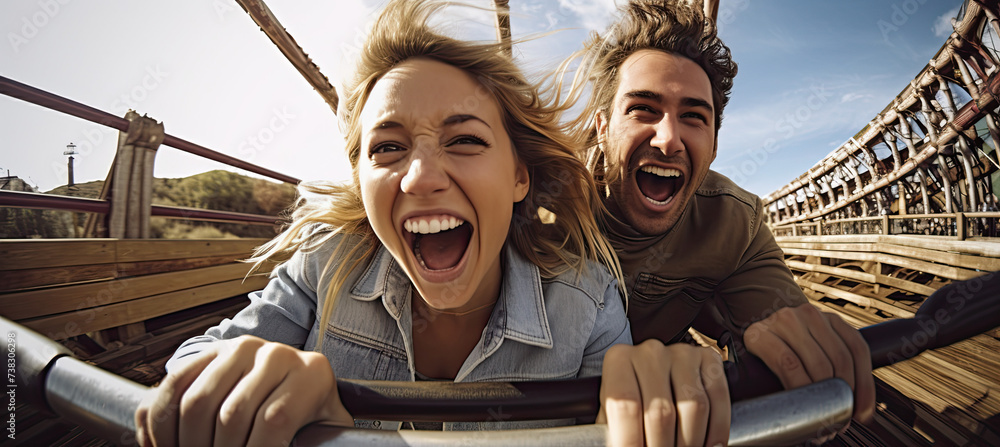 two scary terrified people on roller coaster Stock Photo | Adobe Stock