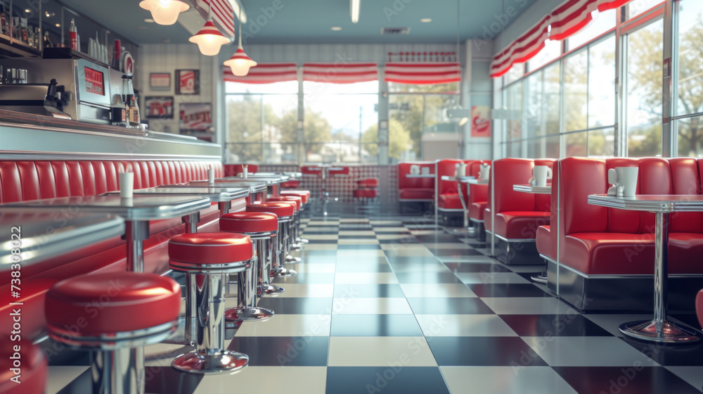 A retro-style diner with red vinyl booths, checkered floors, and chrome ...
