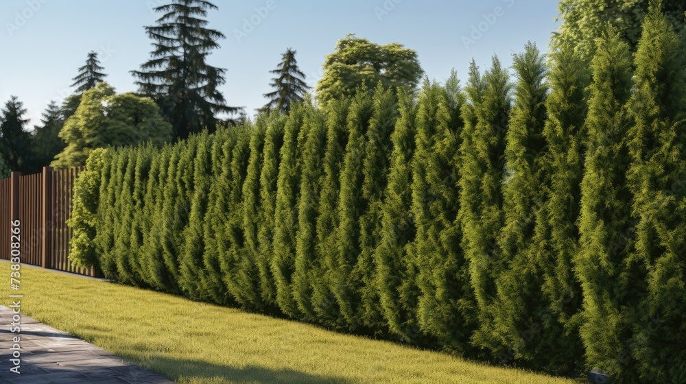 Row of Tall Evergreen Thuja Occidentalis Trees Creating a Green Hedge ...