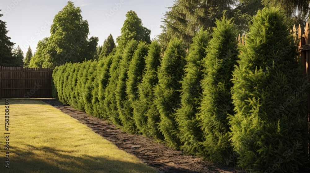 Row of Tall Evergreen Thuja Occidentalis Trees Creating a Green Hedge ...