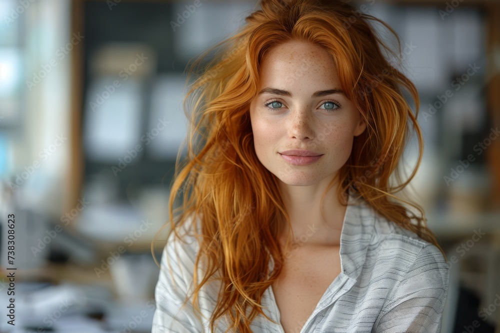 A fiery-haired beauty stands in front of a building, her freckled face ...