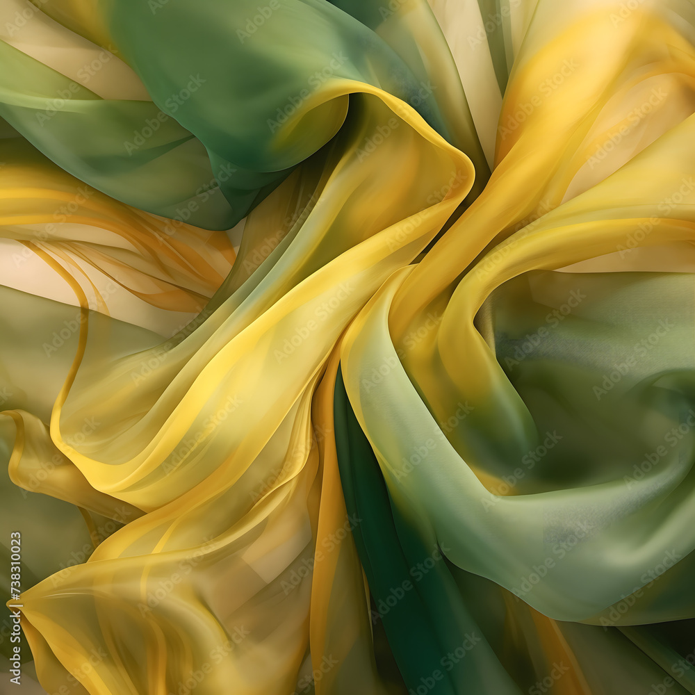 Abstract image with flowing silk organza in green and gold. abstract ...