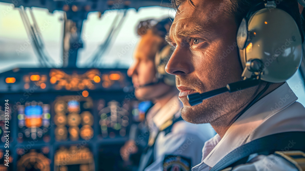 Pilots on a commercial passenger airplane cockpit preparing for ...