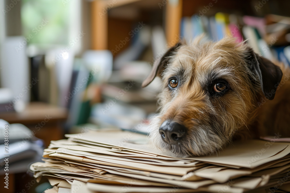 dog in an office, overwhelmed by a mountains of paperwork Stock Photo ...