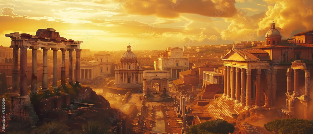 Fiction view of Ancient Rome at sunset, urban landscape with old ...