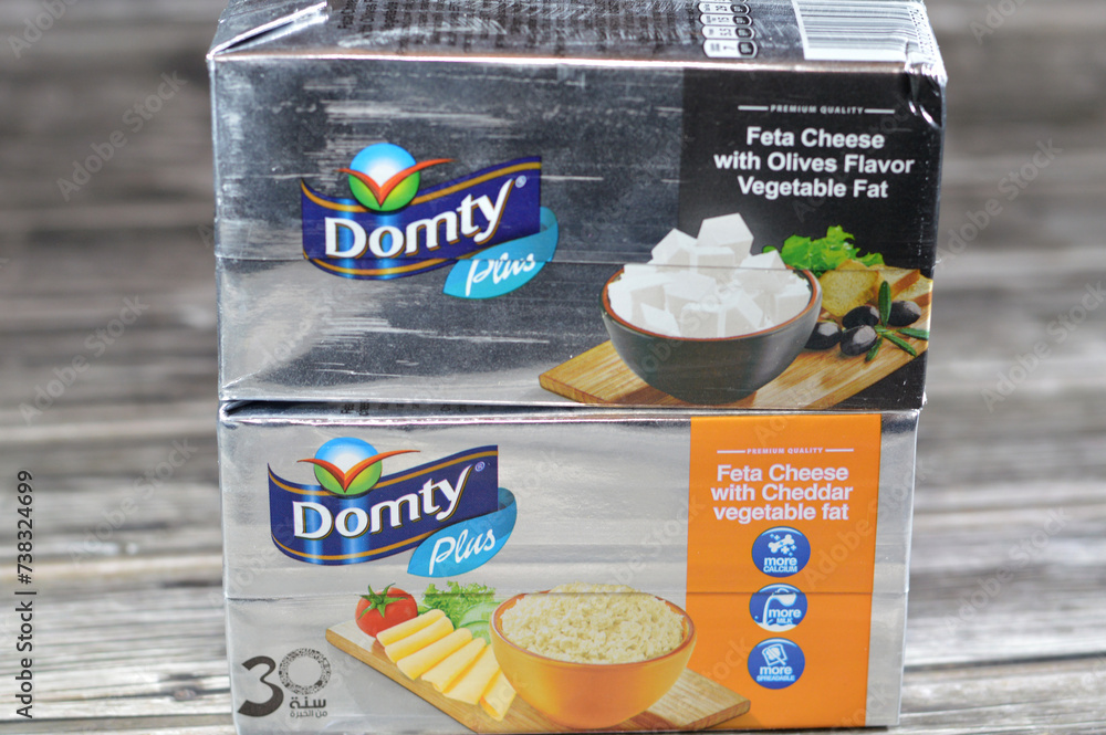 Cairo, Egypt, February 12 2024: Domty feta cheese plus cheddar, olives ...