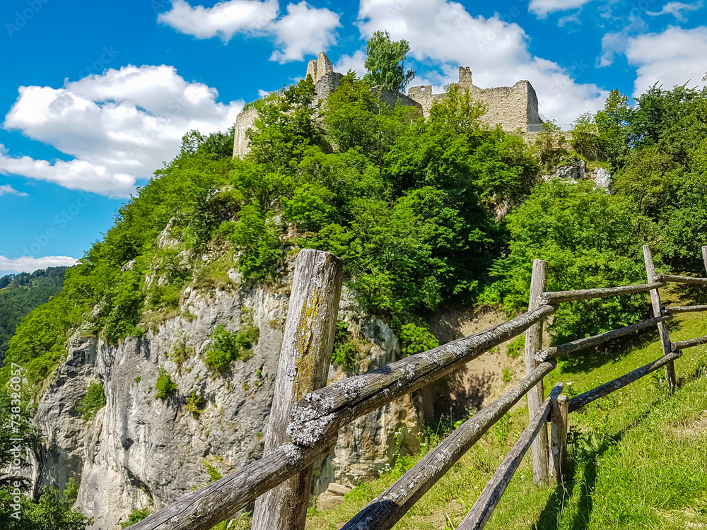 Wooden fence with panoramic view of rock castle Rabenstein in Sankt ...
