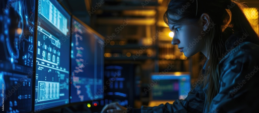 At night, a female hacker in a basement uses a computer to carry out cyber attacks involving ...