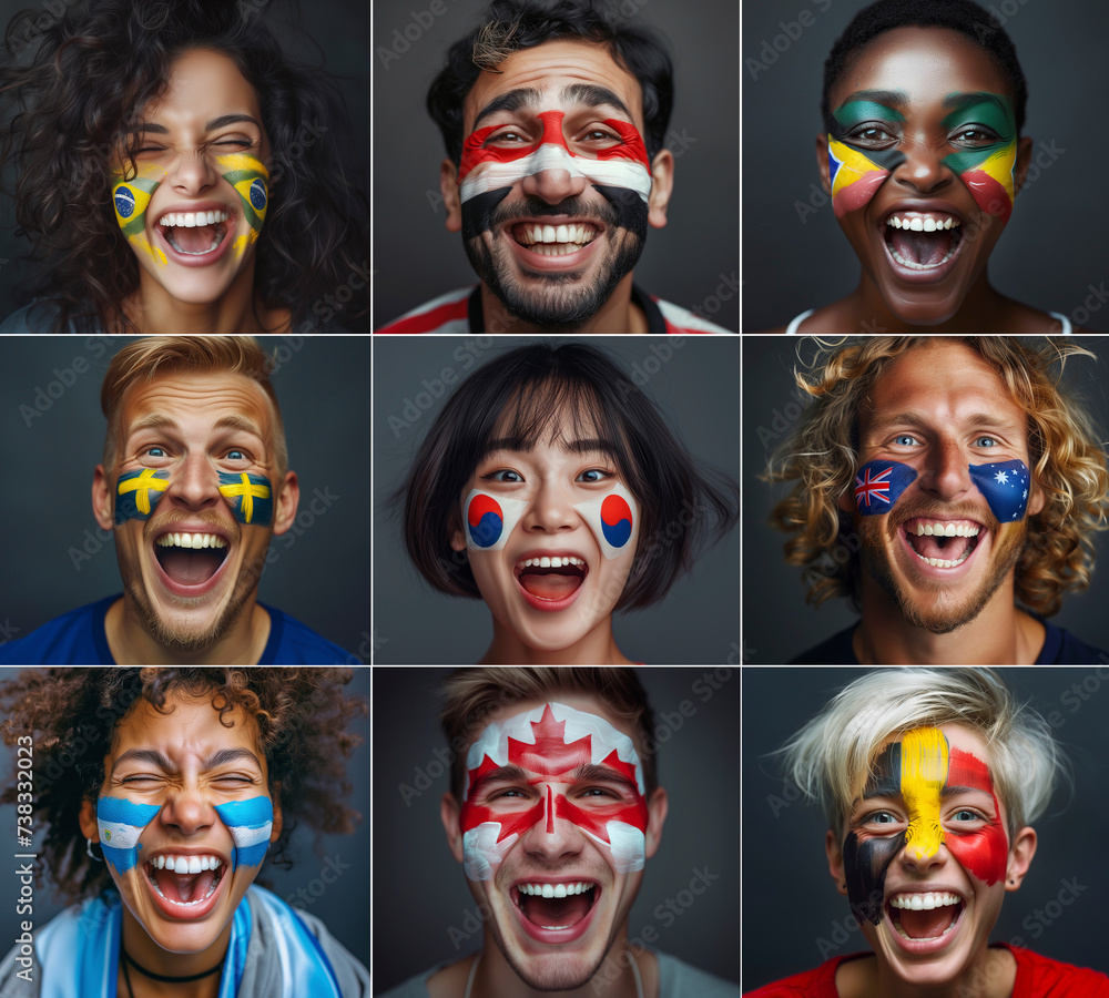 Multi National teams Fans with painted own country flags faces colors ...