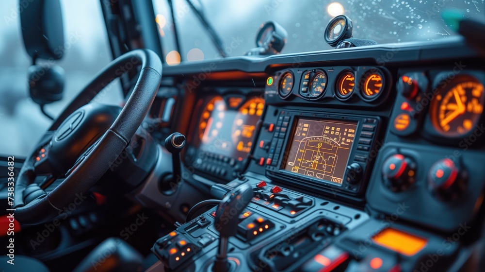 A close-up view of the dashboard instruments of cargo truck, switches ...