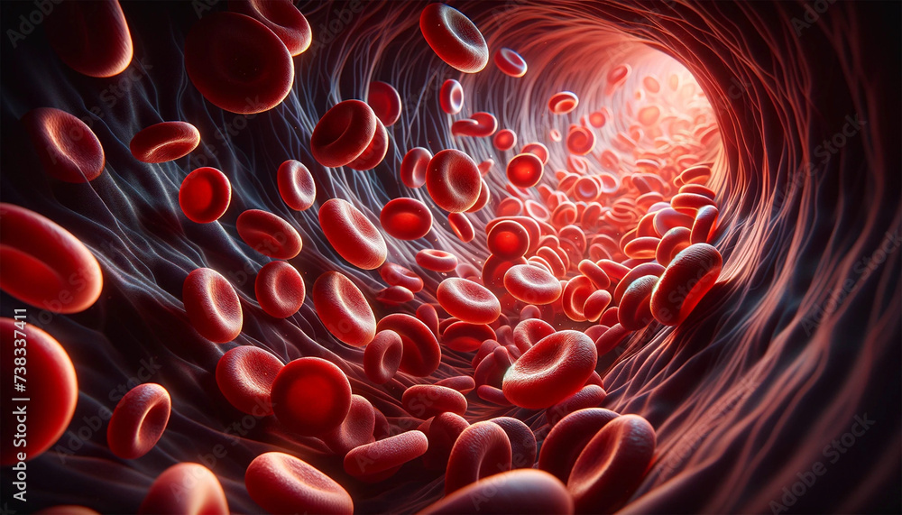 Red blood cells in a vein moving in one direction. When viewed close-up ...