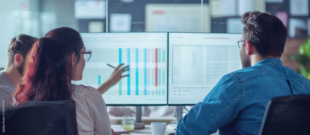 Project management team using Gantt chart software in office to ...